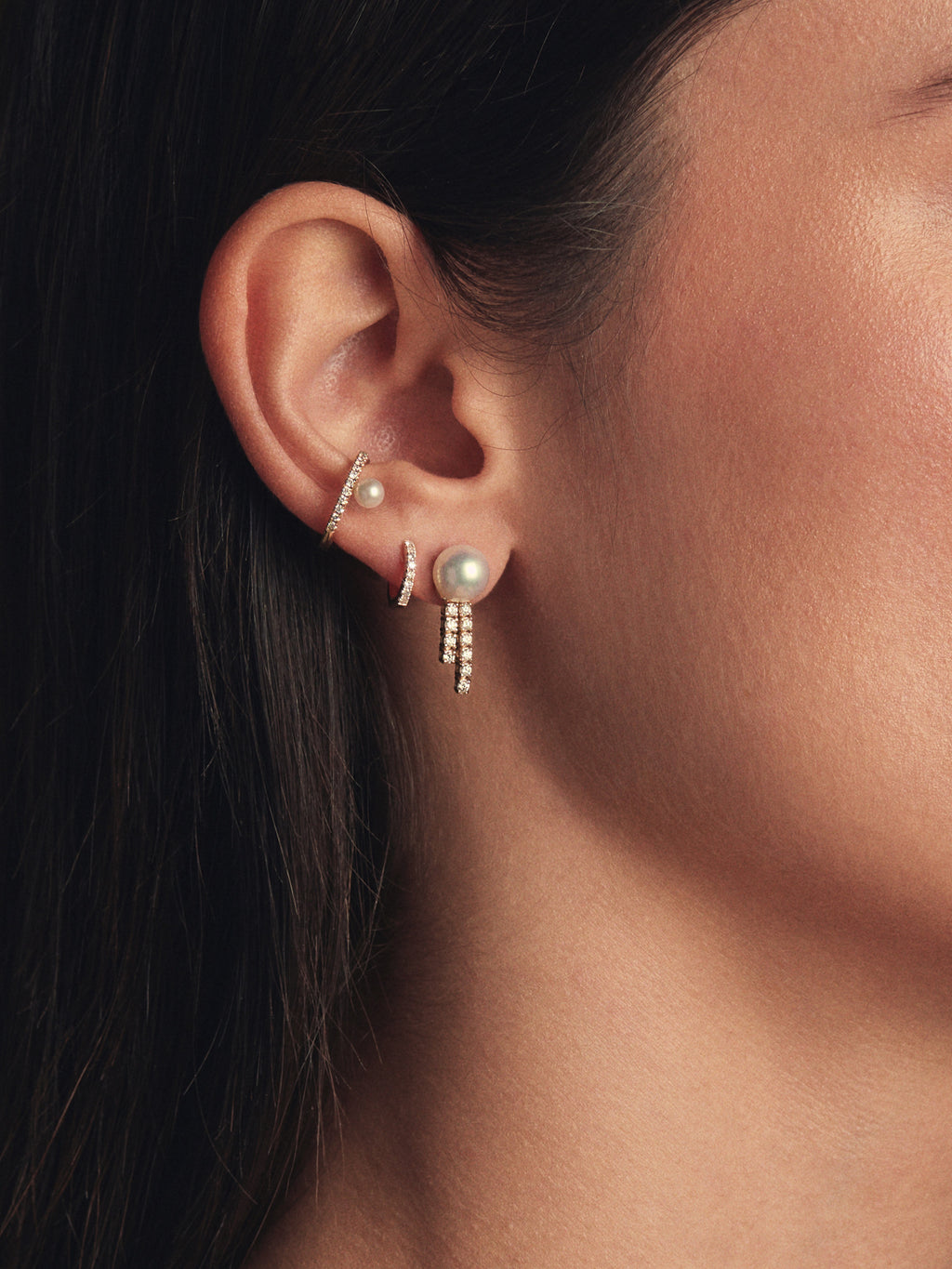 Prive Collection. Akoya Pearl with Dual Diamond Drop Earrings PE3 – MIZUKI